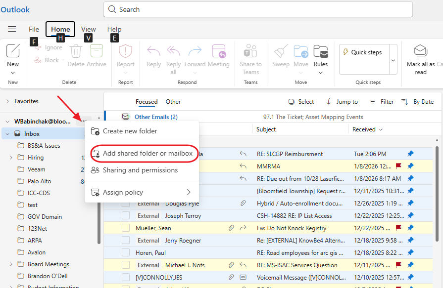 Adding Shared Mailboxes in Outlook Web – Bloomfield Township